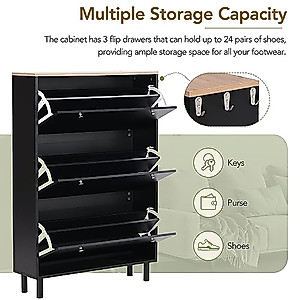 Goohome Narrow Design Shoe Cabinet with 3 Flip Drawers, Wood Grain Pattern Top Entryway Organizer with 3 Hooks, Free Standing Shoe Rack with Adjustable Panel, Modern Style Shoe Rack for Hallway