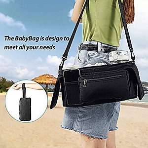 Stroller Organizer with Cup Holder, Universal Large Capacity Portable Black Accessories Caddy Bag, Fits for Doona Baby Jogger Trend Nuna Uppababy Vista V2 Graco Bob and All Other Strollers