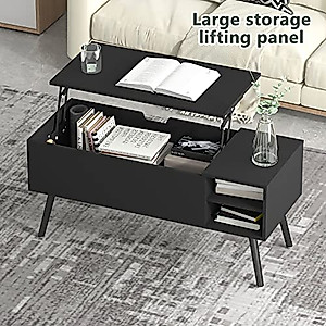 CLIKUUTORY Modern Black Lift Top Coffee Table with Hidden Compartment and Adjustable Storage Shelf, Mid Century Rustic Dining Table with Wood Legs for Home, Living Room, Office