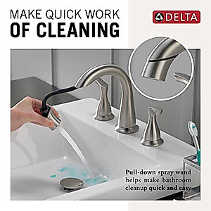 Delta Faucet Pull Down Bathroom Faucet Brushed Nickel, Bathroom Pull Out Faucet, Widespread Bathroom Faucet 3 Hole with Magnetic Docking, Bathroom Sink Faucet, SpotShield Stainless 35765LF-SPPD