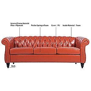 GEEVIVO 84.65" Large Sofa, Mid-Century PU Leather Sofa Modern Tufted Upholstered Futon Sofa Couch with Removable Cushion 3 Seater Scroll Arm Sleeper Sofa for Living Room/Bedroom/Apartment(Orange)