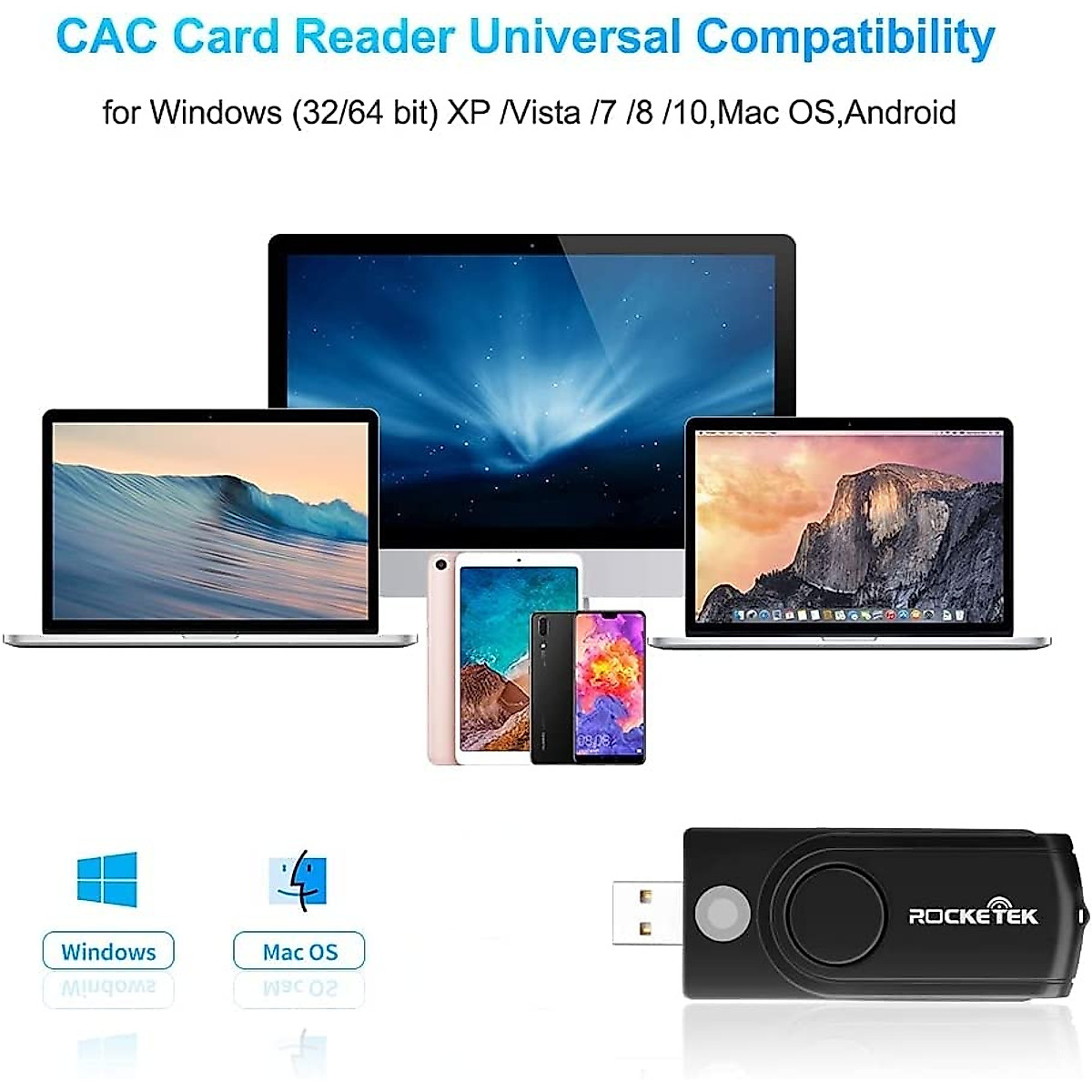 USB Smart Card Reader, Rocketek DOD Military USB Cac Memory Card Reader Compatible with Windows, Linux/Unix, MacOS X - Build In SDHC/SDXC/SD Card Reader and Micro SD Card Reader