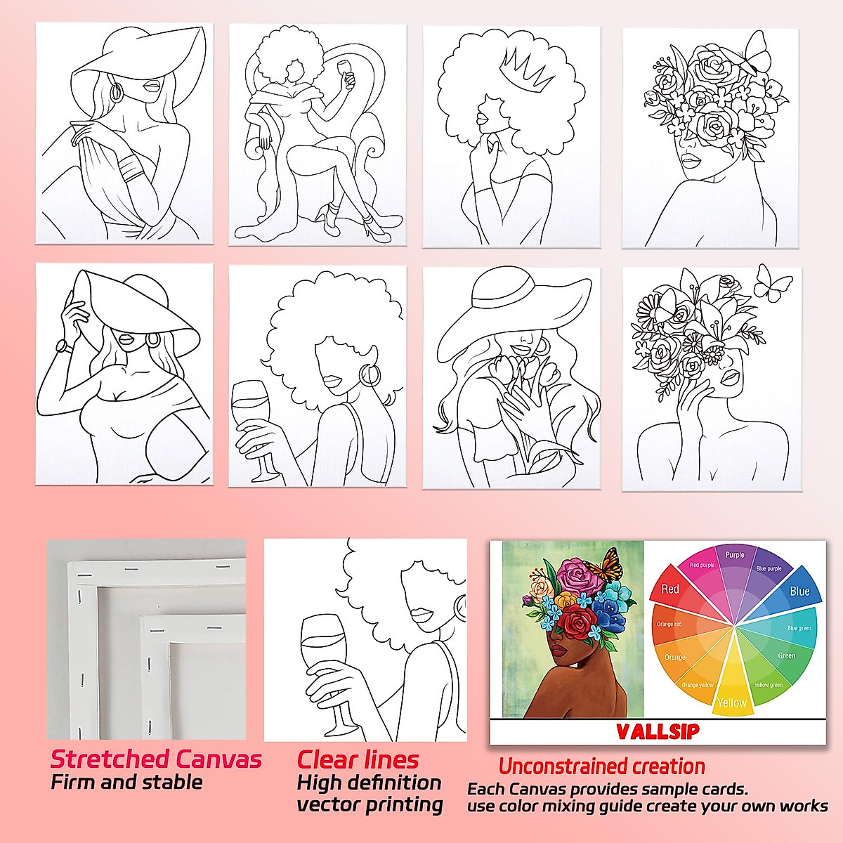 VALLSIP 8 Pack Pre Drawn Canvas for Painting for Adults Paint and Sip Party Supplies Canvas Painting Kits Stretched Canvas to Paint Games Ladies Night Art Set Anniversary Dating Game