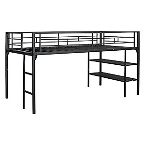 Epinki Low Loft Bed with Storage Shelves, Black, Steel, Bed Frame, Kids Bed, Easy Assembly