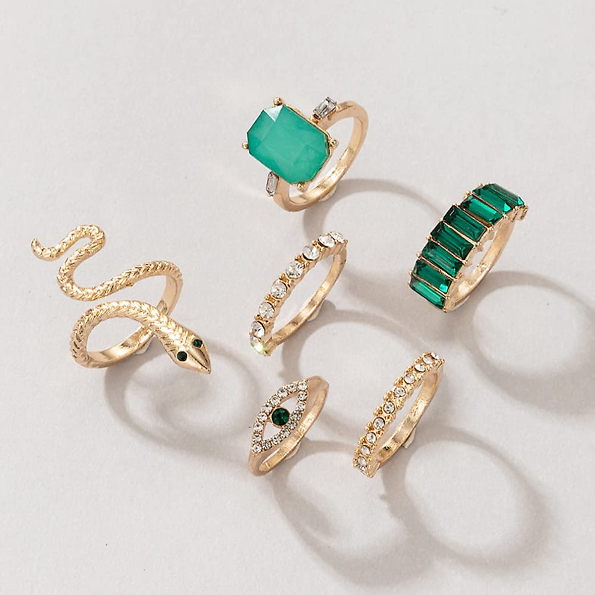 Jumwrit Bohemian Knuckle Finger Rings for Women Gold Snake Evil Eye Rhinestone Rings Green Emerald Stackable Rings for Teens Girls （6 PCS）