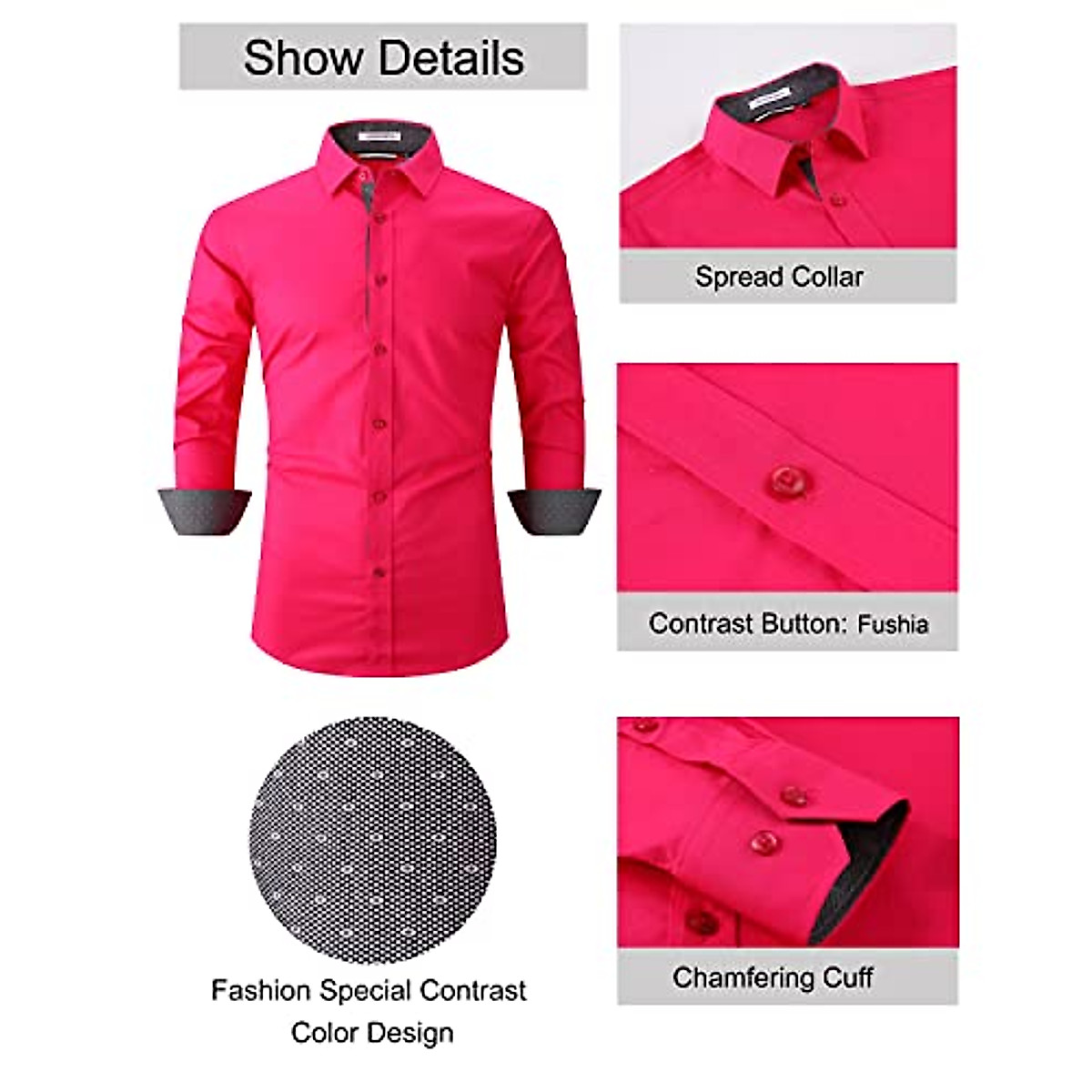 Esabel.C Mens Casual Button Down Shirts Rugular Fit Long Sleeve Fashion Shirts,Rose,L