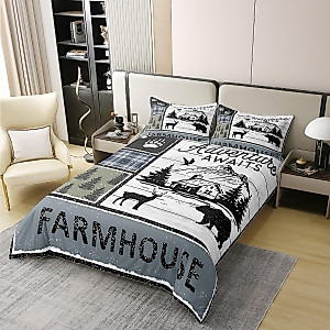 Erosebridal 100% Cotton Farmhouse Deer Comforter Cover King Woodland Bear Moose Elk Bedding Set, Rustic Reindeer Lodge Cabin Vintage Country Pine Trees Blue Checkered Buffalo Plaid Duvet Cover