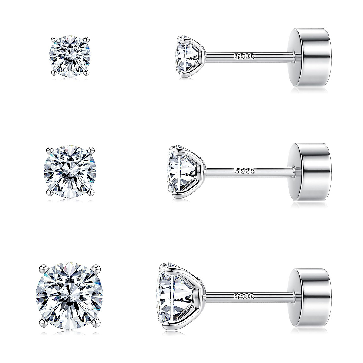 ZELORES 3 Pairs 20G CZ Stud Earrings Flatback 925 Sterling Silver Tragus Cartilage Stud Earrings Set Tiny CZ Stud Flat Back Earrings for Women Men (Silver-2/3/4mm)