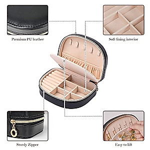 ProCase Travel Size Jewelry Box, Small Portable Seashell-Shaped Jewelry Case, 2 Layer Mini Jewelry Organizer in PU Leather, Earring Necklace Bracelet Ring Holder Box for Women Girl -Black
