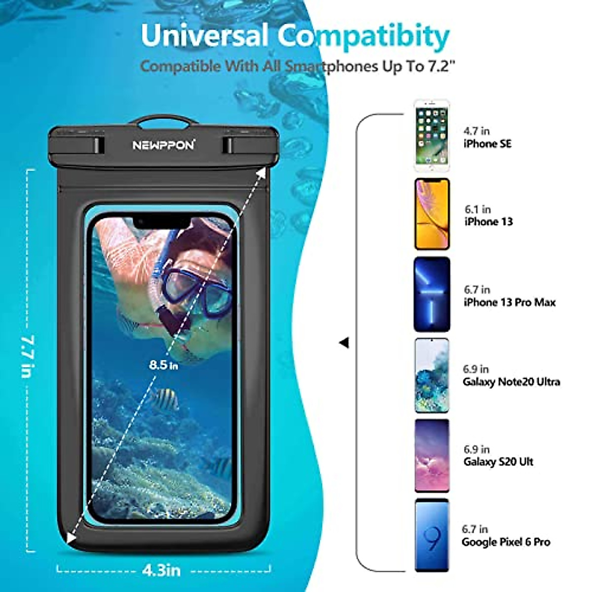 newppon Waterproof Cell Phone Pouch : 2 Pack Universal Floating Dry Bag Holder for Android Samsung Galaxy S22 Ultra 5G S21 S20 FE S10 S10E C10 S9 Note 20 10 Edge Plus A72 A52 A03 Core M32 for Beach