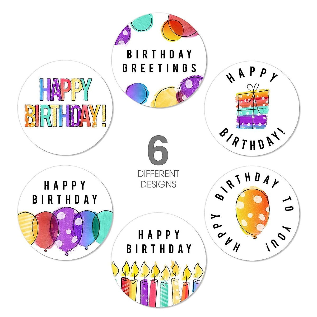 Modern, Vibrant Watercolor Birthday Stickers / 6 Bright Birthday Designs / 500 Colorful Rainbow Birthday Labels / 1.5" Happy Birthday Envelope Seals
