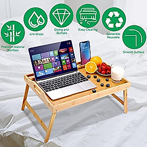 Bamboo Breakfast Bed Table with Legs 20 Inch Lap Trays for Adults Eating,Removable Media Slot Food Trays for Eat on Bed Trays for Adults