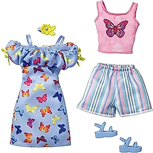 Barbie Fashions 2-Pack Clothing Set, 2 Outfits for Barbie Doll Includes Off-the-Shoulder Butterfly Print Dress, Butterfly Tank & Blue Shorts & 2 Accessories, Gift for Kids 3 to 8 Years Old