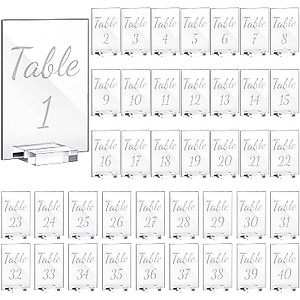 Tuanse 40 Pack White 4 x 6 Inch Acrylic Wedding Table Number 1-40 Clear Wedding Table Stand with Numbers Calligraphy Table Number Holders Table Signs for Wedding Reception Centerpieces Decorations