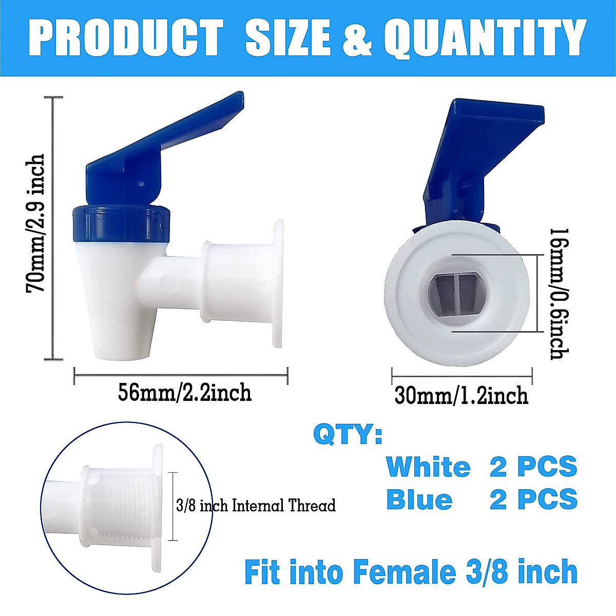 4 Pcs 3/8Plastic Faucet,Replacement Cooler Faucet Water Bottle Jug Reusable Spigot Spout, BPA Free Dispenser Tap Set, Water Crock Valve Gravity Water Spigot (3/8"Internal Thread)