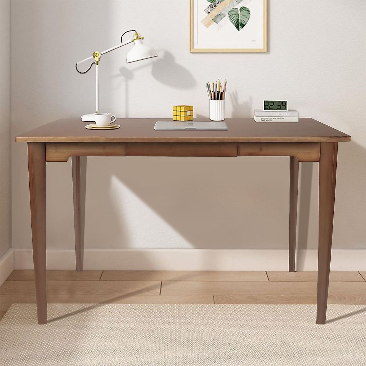 Maydear 47" Bamboo Multipurpose Study Writing Desk with Drawer, Modern Simple Computer & Laptop Table Dining Table for Bedroom, Living Room, Home and Office, Kitchen，Walnut