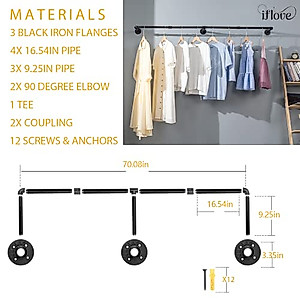 iflove Industrial Pipe Clothing Rack, 70 Inch Wall Mounted Clothes Rack, Wall Racks Hangers Laundry Room for Hanging Clothes, Closet Rods, Display Rack for Retail, SET OF 2, Black with 4 Hooks