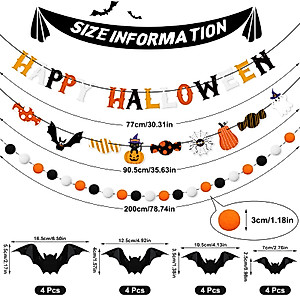 Happy Halloween Banner Pom Pom Garland Set and Halloween Bat Candy Banner with Black Bat Wall Sticker for Halloween Party Decorations Home Decor