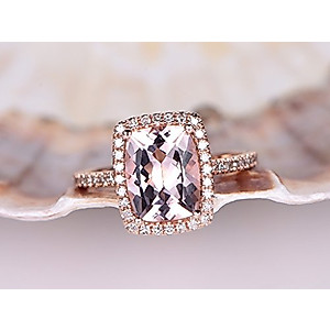 7×9mm Cushion Cut Natural Pink Morganite Engagement Ring Halo Diamond Ring 14K Rose Gold Size 4-9