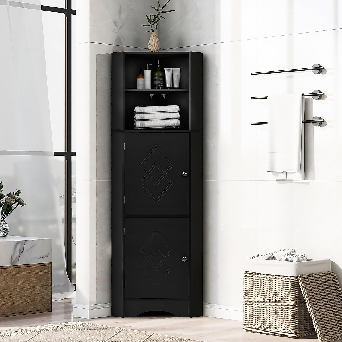 Home Freestanding Storage Cabinet with Five Tier Shelves, Tall Slim Cabinet, Free Standing Linen Tower, Corner Cabinet, Skinny Shelf Cabinet, Bathroom Cabinet Tall Skinny Shelf, Black