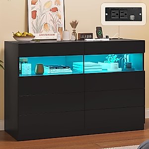 BTHFST 8 Drawer Dresser for Bedroom with RGB Lights & Power Outlet, 47" W Double Dresser with Open Shelves, Modern No Handle Chest of Drawers for Closet, Black