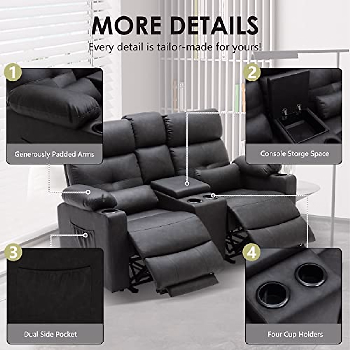 Consofa 68'' Loveseat Recliner, Power Reclining Loveseat, PU Leather Reclining Loveseat with Console, Recliner Loveseat with Heat and Massage, Cup Holders, Lumbar Support for Living Room
