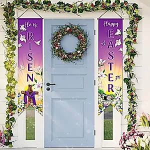 Happy Easter Banner He Is Risen Porch Sign Easter Decoration Hanging Banner Jesus Cross Religious Background Easter Eggs Photo Prop Holiday Door Backdrop for Home Outdoor Indoor Easter Party Supplies