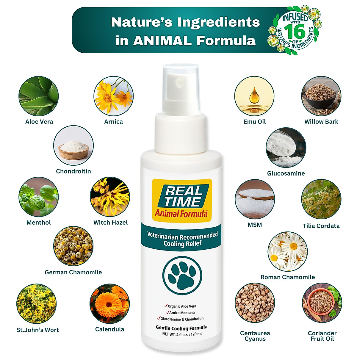 Real Time Pain Relief Pet Formula - 4oz Spray Bottle | Vet Recommended Relief for Pets | 16 Natural Ingredients Including Menthol, Aloe Vera, and Arnica | Gentle Cooling Sensation | Easy Application