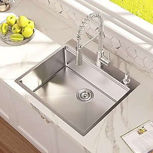 CELAENO 25 x 22 inch Drop-in Kitchen Sink, Handmade Workstation Kitchen Sink 18 Gauge with Ledge, Topmount Single Bowl Stainless Steel Kitchen Sink with soap dispenser hole