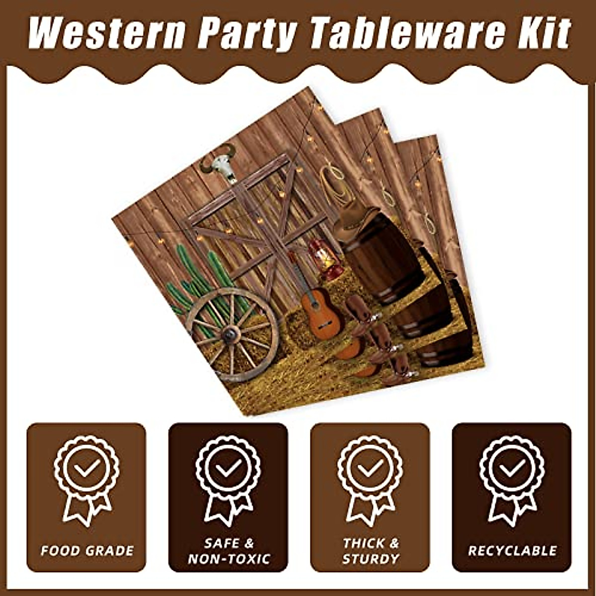 Kepeel 96 Pcs Western Party Plates, Western Cowboy Birthday Party Decorations Supplies Rustic Wild West Birthday Party Paper Plates Napkins Wooden House Barn Door Baby Shower Tableware, Serves 24