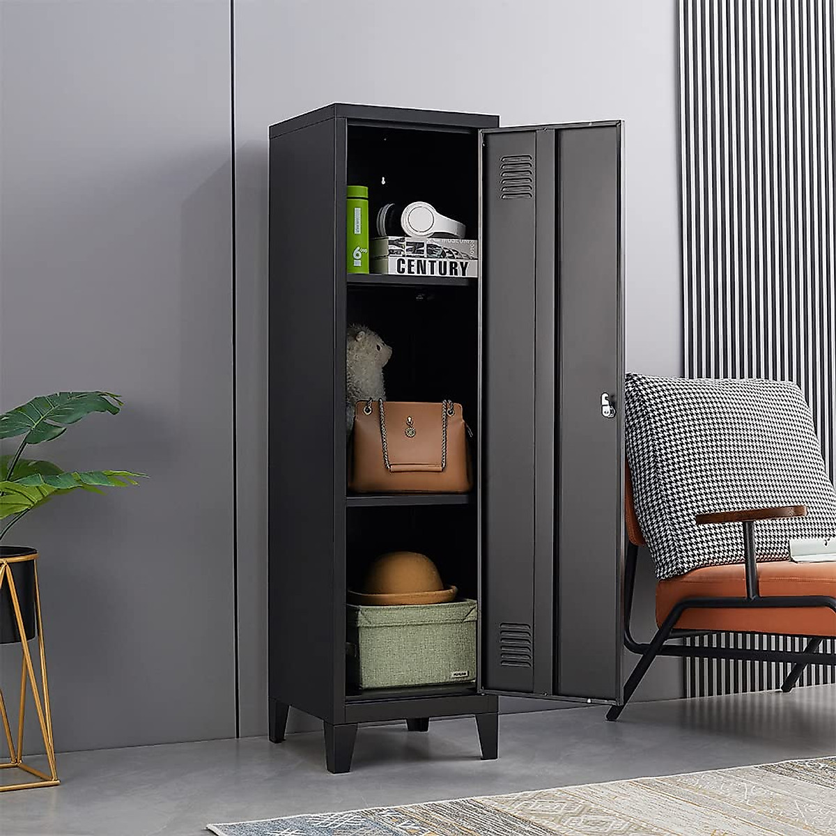 iCHENGGD Metal Cabinet, 54" H Home Office Storage Lockers, Vertical Steel Storage Cabinet with Locking Door and 2 Adjustable Shelves, Small Metal Locker Cabinets (Black)