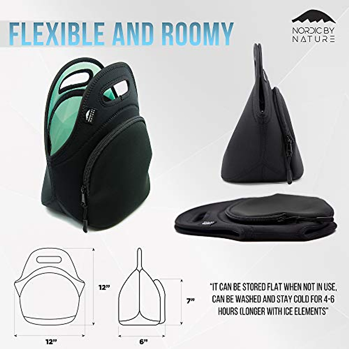 Nordic By Nature Neoprene Lunch Bag For Women, Men & Kids Extra Thick Insulated Neoprene Lunch Tote With Water Bottle Sleeve Durable Reusable Machine Washable Extra Pocket YKK Zippers (Turquoise)