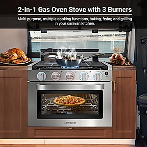 AMZCHEF RV Gas Range 17 Inches Tall, 1.24 Cu.Ft Propane Range Oven with 3 Burners Stove for RV, Apartment, Mobile Home, Stainless Steel.