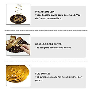 Happy 60th Birthday Party Hanging Swirls Streams Ceiling Decorations, Celebration 60 Foil Hanging Swirls with Cutouts for 60 Years Old Black and Gold Birthday Party Decorations Supplies