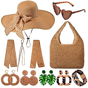 15 Pcs Women Straw Beach Hat and Straw Bag and Boho Hoop Drop Dangle Earrings Summer Sunglasses for Bohemia Women Beach Jewelry Sets