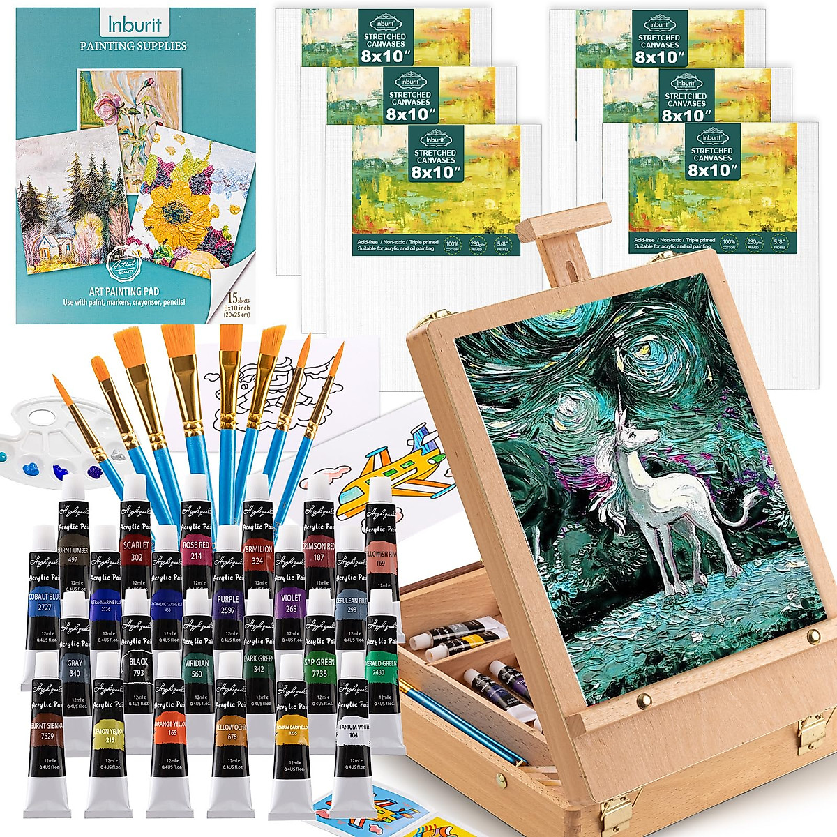 Inburit Art Paint Set with Wooden Easel Box, 24 Colors Acrylic Paints, 8 Paint Brushes, 6 Canvas Panel Deluxe Paining Supplies kit for Kids, Student, Adult & Artist