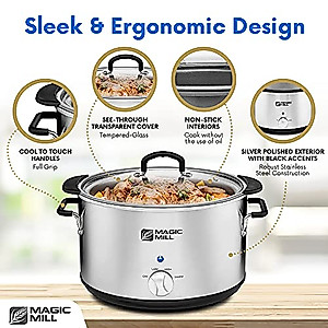 Magic Mill Extra-Large 10 Quart Slow Cooker With Metal Searing Pot & Transparent Tempered Glass Lid Multipurpose Lightweight Slow Cookers, Pot is Safe to Put the On the Flame, Dishwasher Safe