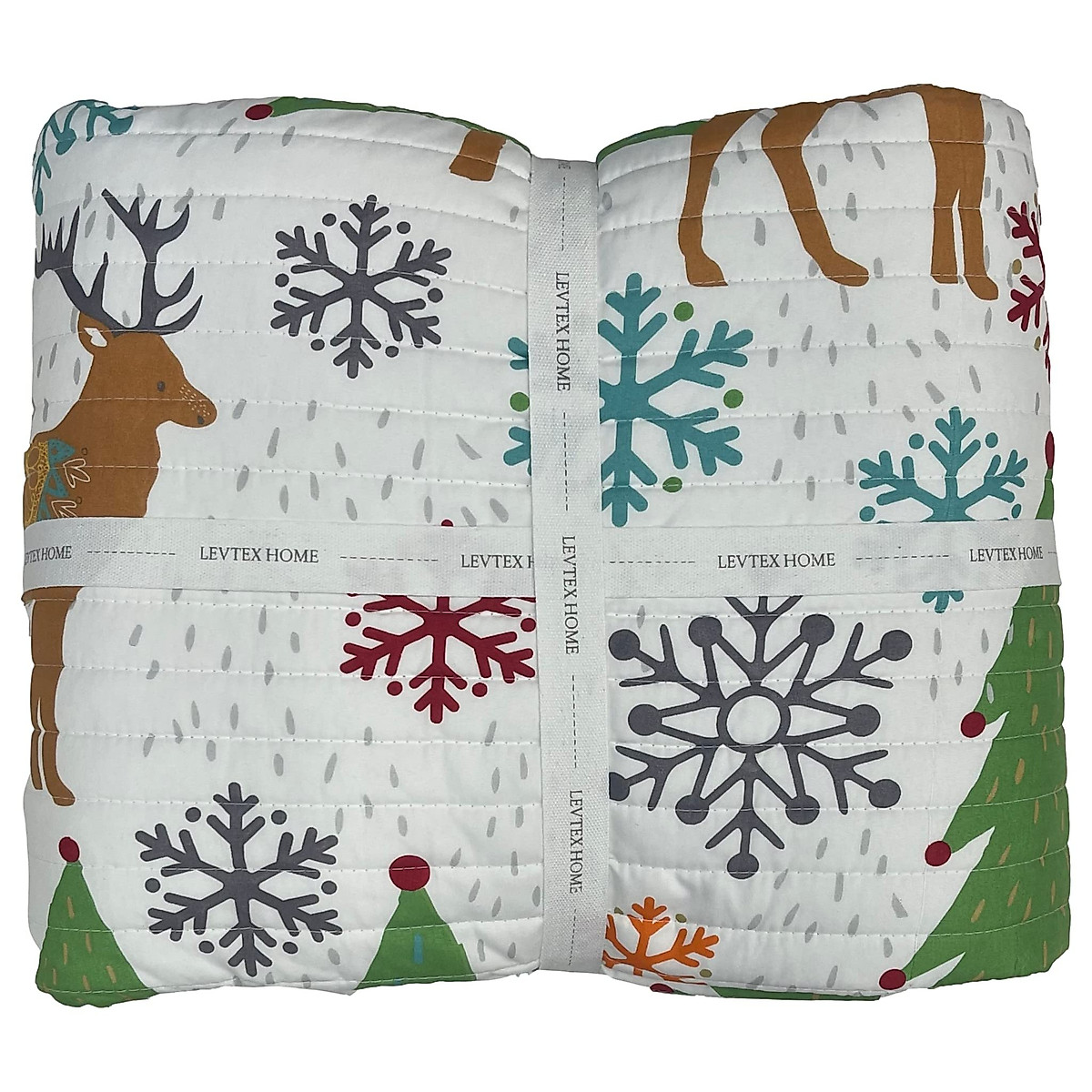 Levtex Home Merry & Bright Collecion - Tinsel Quilt Set - King/Cal King Holiday Quilt 106x92 and Two King Pillow Shams 20x36 - Folk Christmas Reindeer - Reversible