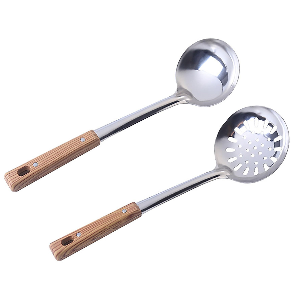 2 Pcs Soup Spoon, 13 Inch Stainless Steel Leaky Spoon and Soup Spoon with Wooden Handle for Cooking (2)
