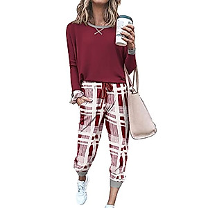 Ekouaer Women's Long Sleeve Pj Soft Crew Neck Pajama Long Sleeve Sweatshirt with Long Pants Red Plaid,Small