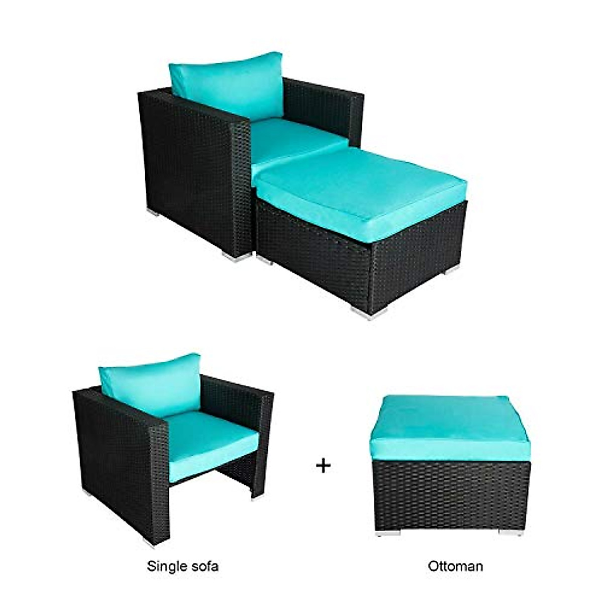 KINTNESS Patio Outdoor Chair and Ottoman Set with Cushions Patio Furniture Set PE Wicker Rattan Lawn Pool Balcony Backyard Conversation Lounge Set