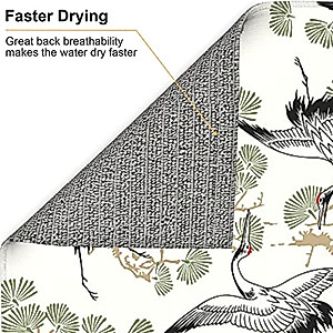 Japanese Crane & Pine Printed Drying Mat For Kitchen Ultra Absorbent Microfiber Dishes Drainer Mats Non-Slip Silicone Quick Dry Pad - 18 X 16inch