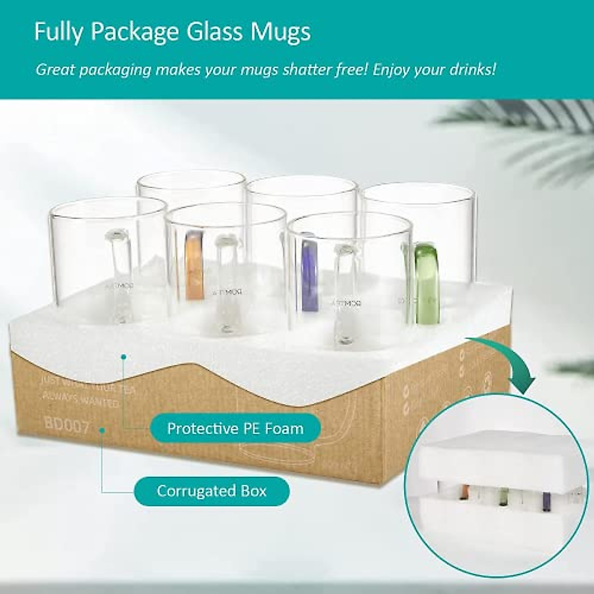 500ml/17 oz Glass Cups with Colored Handle, Clear Coffee Mugs for Latte, Cappuccino, Espresso Coffee, Tea and Hot & Cold Beverages, Mug Set of 6, Refrigerator, Dishwasher & Microwave Safe