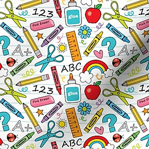 Spoonflower Fabric - Small School Supplies White Teacher Pencil Rainbow Student ABCs Printed on Petal Signature Cotton Fabric by The Yard - Sewing Quilting Apparel Crafts Decor