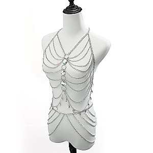 Connie Cloris Women's Sexy Body Chain Suit Fashion Halter Bra Chain Body Jewelry (206-D-Silver color)