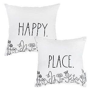 Rae Dunn Decorative Throw Pillows, Decor for Living Room and Bedroom, 2 Pack of 12x12 inch Pillows, Soft, Throw Pillows for Couch, Bed, Chair, Labelled Happy, Place in Signature Font