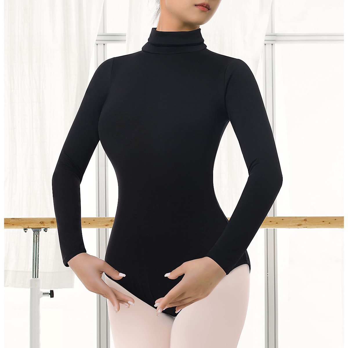 BAKPH Women's Dance Ballet Leotard Turtleneck Long Sleeve Leotard with Durable Snaps(7039-06-S)