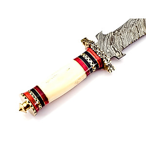 Skokie Knives Custom Damascus Steel Hunting Knife Camel Bone Handle with Brass Spacer -Handmade Premium Quality Edge Fixed Blade – For Multipurpose – Ideal for Survival Hunting Camping Hiking Outdoor Every Day Carry Professional Use Art of Craftsmanship E