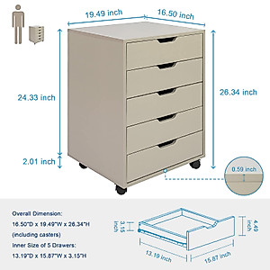 Salfanre Filing Cabinet 5 Drawer, Mobile Wood File Cabinet, Office Drawers, Under Desk Filing Cabinet, Office Storage Cabinet, Grey