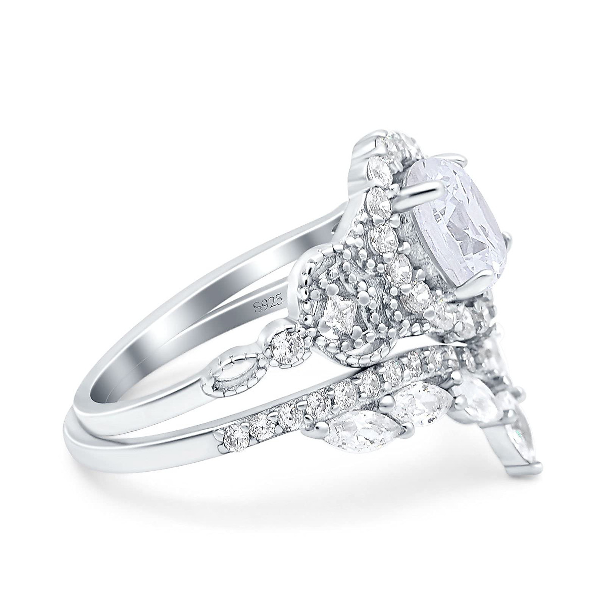 Blue Apple Co. Simulated Cubic Zirconia Size-7 Marquise Art Deco Wedding Engagement Bridal Two Piece Ring Band Oval Accent Vintage Round CZ 925 Sterling Silver